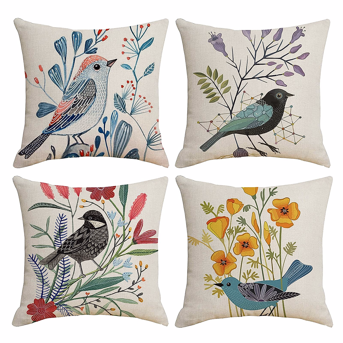 HOSTECCO Waterproof Throw Pillow Covers 4 Pack Outdoor Farmhouse Linen Cushion Covers Square Decorative Pillow Cases for Patio Garden, Bird 16x16 inches