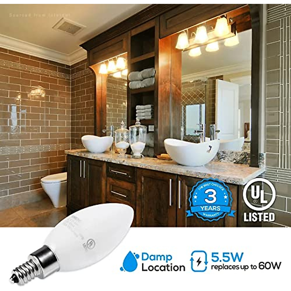 TORCHSTAR Dimmable E12 LED Candelabra Bulb, UL Listed, 60W Equivalent Chandelier Light Bulbs, 550lm, LED Filament Candle Bulb C11, Frosted Glass Ceiling Fan Light Bulbs, 2700K Soft White, Pack of 6