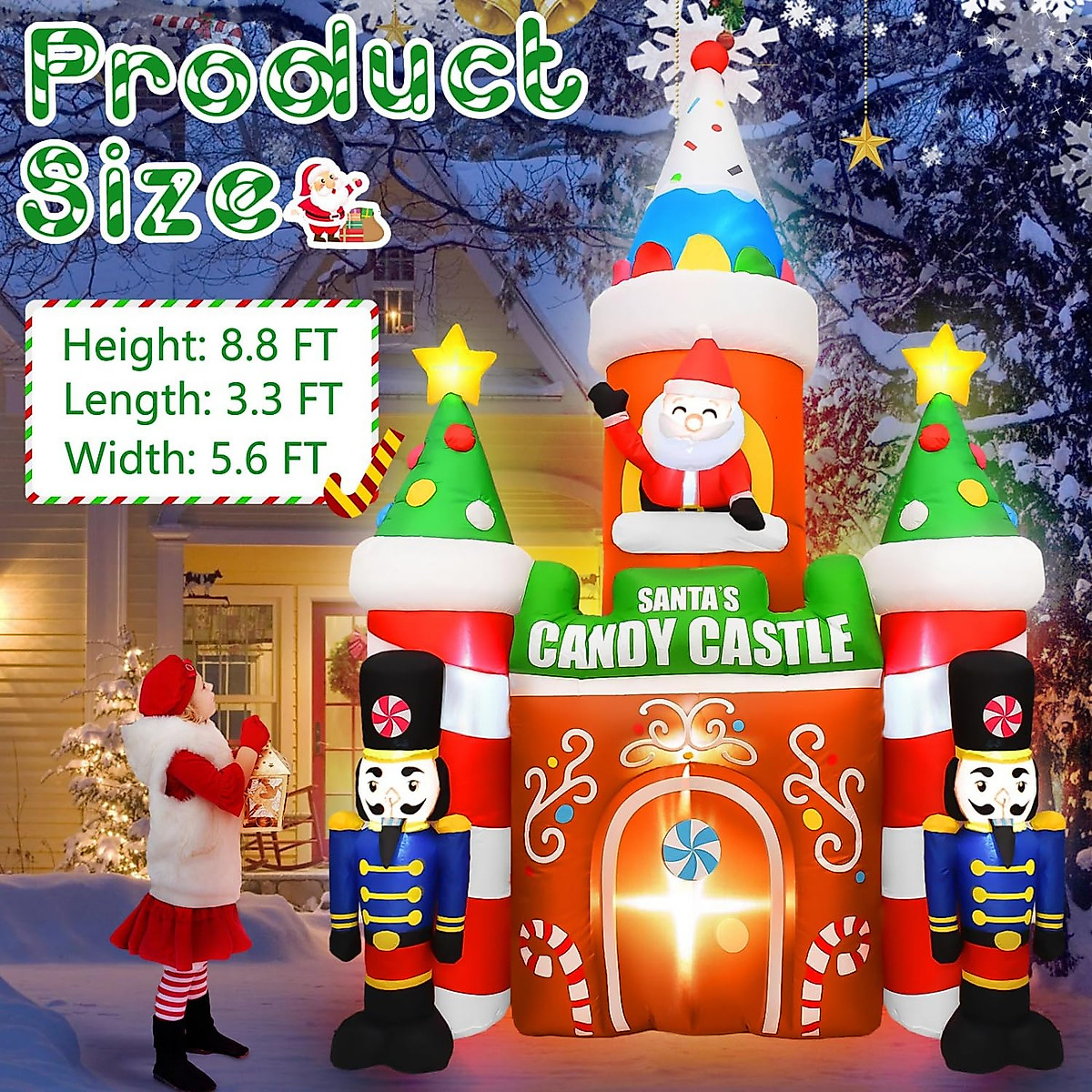 JETEHO 8.8FT Christmas Inflatables Candy Castle with Santa Nutcracker Soldier Inflatable Christmas Yard Decorations Outdoor Christmas Blow up with Build-in LED Lights for Garden Lawn Xmas Decor