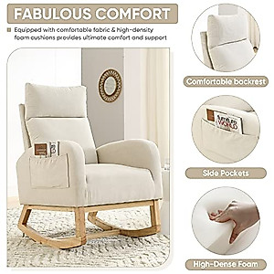 Antetek Rocking Glider Chair for Nursery, Modern Fabric Accent Rocker Chair Upholstered Tall Back Arm Chair w/Side Pockets, Modern Leisure Single Sofa for Living Room, Hotel, Bedroom, Office, Beige