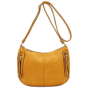 FashionPuzzle Faux Leather Two Front Zipper Pocket Crossbody Saddle Bag (Mustard) One Size