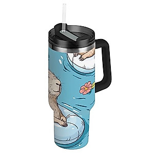 Selerdon 40 oz Tumbler Capybara Float with Handle and Straw Lid Vacuum Stainless Steel Insulated Water Bottle Travel Mug Car Cup Holder Friendly BPA Free for Gym Travel Office