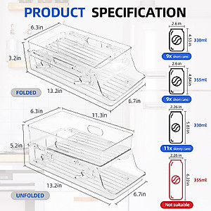 Xicennego Foldable Soda Can Organizer for Refrigerator，Beverage Can Dispenser for Fridge, Drink Can Holder Clear Plastic Storage Bin for Refrigertor, Pantry Cupboard, Office, Bathroom, Camper (1Pack)