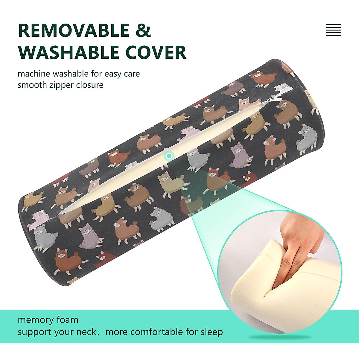 Vnurnrn Funny Llama Neck Support Pillow Round Neck Roll Bolster Cylinder Pillow Cervical Pillows Knee Pillow for Leg Knee Back Head Support for Gifts Camp Study Work