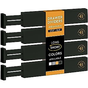 Adjustable Bamboo Drawer Dividers Organizers - Fits Standard Drawers Sized 12.2" Upto 17.3"- Expandable Kitchen Drawer Organizer Separators for Utensils, Dresser, Clothes, Bedroom, Bathroom 4pk, Black