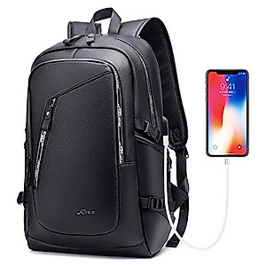 DYJ Vegan Leather Laptop Backpack for Women&Men, Faux Leather Vintage Weekend Travel Daypack with USB Charging Port Fit 17 Inch Laptops