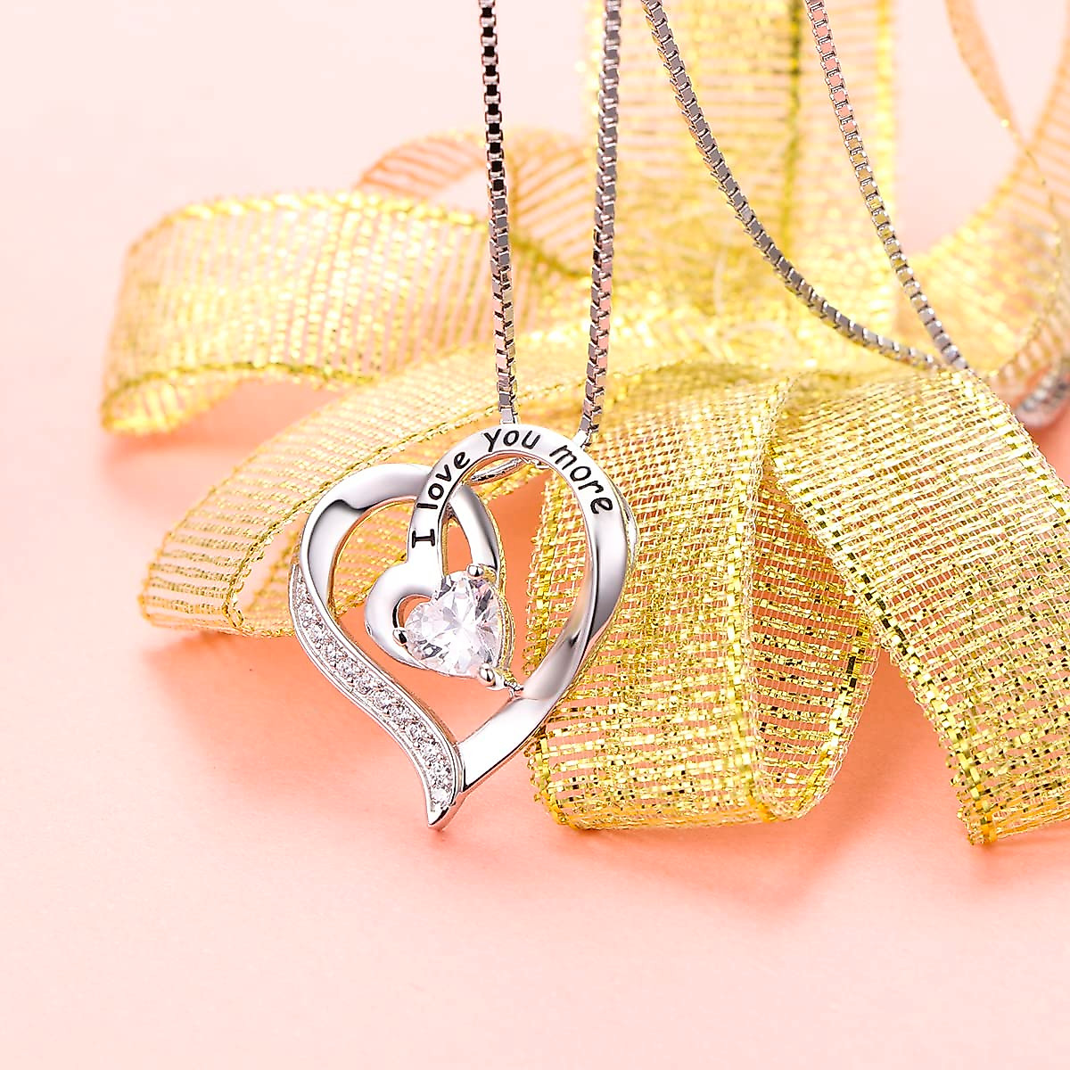 FLYOW I Love You More Heart Necklace for Women Sterling Silver CZ Pendant 18 Inch, Best Valentine's Day Jewelry Gifts (I Love You More)