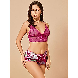 WDIRARA Women's Pajamas Set Lace Satin Sexy Lingerie with Cami Floral Shorts Sleepwear Floral Hot Pink S