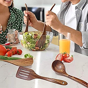 LMMDP Wooden Utensils Set of 6, Large Kitchen Cooking Utensil for Non Stick Cookware, Natural Teak Wood Spoons Spatula Ladle Colander