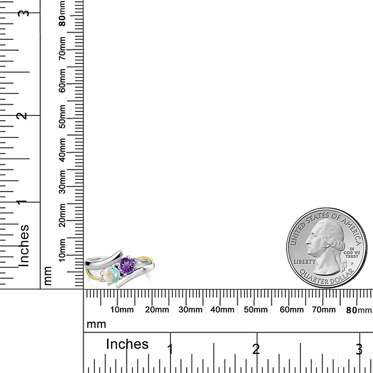 Gem Stone King 925 Sterling Silver and 10K Yellow Gold Purple Amethyst White Simulated Opal and White Lab Grown Diamond Ring For Women (1.00 Cttw, Gemstone Birthstone, Available In Size 5, 6, 7, 8, 9)