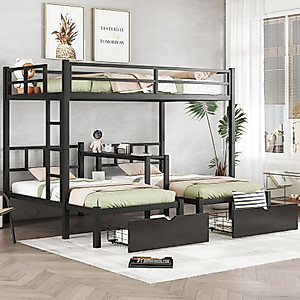 Full XL Over Twin Over Twin Bunk Bed for 3 Kids, Heavy Duty Triple Bunk Bed with Storage Drawers, Shelf, Guardrails and Ladder, Full XL Over Twin Over Twin Triple Bunk for Kids, Teens, Black