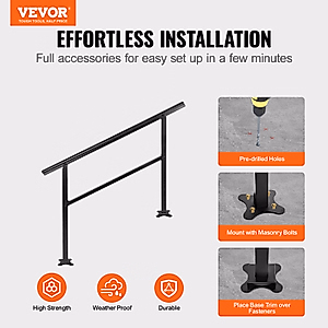 VEVOR Handrail for Outdoor Steps, 3-4 Steps Outdoor Handrail, Adjustable Aluminum Staircase Handrail, Thickened Stair Railings for Porch Railing, Deck Handrail