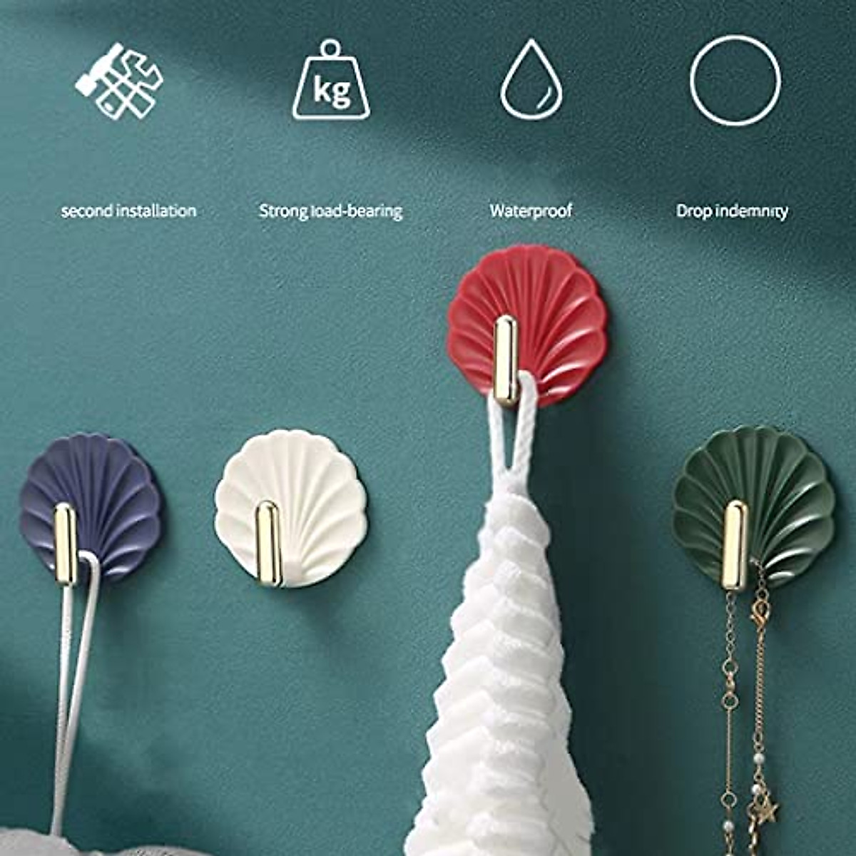 8PCS Round Self Adhesive Hanger Hooks Shell Pattern Decorative Wall Hooks Waterproof Sticky Hooks for Bathroom Kitchen Aprons Towel Hats Keys Hooks (Blue)