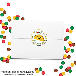 “I Like You More Than Tacos” Taco-Themed Valentine Party Favor Sticker Labels, 40 2" Party Circle Stickers by AmandaCreation, Great for Classroom Valentines, Envelope Seals, Gifts & Treats