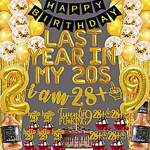 29th Birthday Decorations for Men include Last Year In My 20s Balloon Banner I AM 28+1 Glitter Banner 29 Birthday Cake Topper Cupcake Toppers Number 29 Foil Balloons Whiskey Balloon
