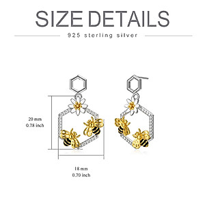 Honey Bee Stud Dangle Earrings 925 Sterling Silver Bumble Bee Earrings With Cubic Zirconia Jewelry Birthday Mother's Day Gifts for Women Mom Daughter