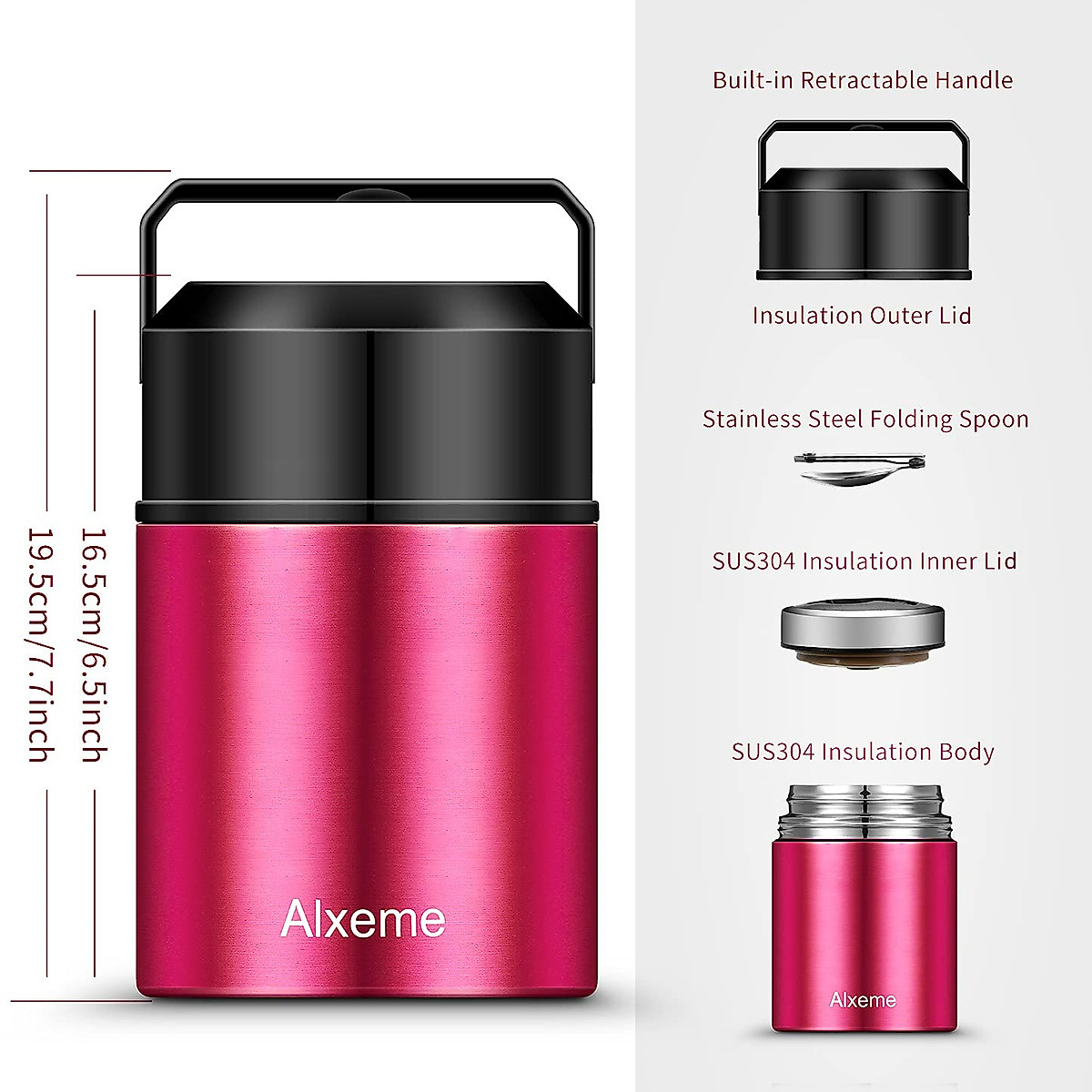 Alxeme Insulated Lunch Container, 27oz Vacuum Insulated Food Jar for Kids Adult, Stainless Steel Wide Mouth Soup Thermo for Cold Hot Food, Leak Proof Bento Box with Spoon Flexible Handle - RoseGold