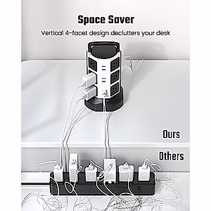 Power Strip Tower Surge Protector, JACKYLED 1625W 13A Outlet Surge Electric Tower, 12 Outlets 6 USB Ports Retractable Cord Charging Station with 16AWG 6.5ft Heavy Duty Extension Cord for Home Office