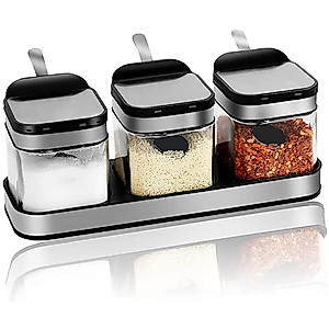 Condiment Jar Spice Container with 304 Stainless Steel Lids and Spoons,Clear Glass Condiment Canisters Pots Seasoning Box Salt Container Sugar Bowl Set of 3 for Kitchen, Counter, Food Storage