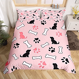 Castle Fairy Cute Dog Pattern Bedding Set,Pink Black White Comforter Cover Set for Teens Women Room Decor,Dog Paw Print Duvet Cover Breathable Kawaii Animals Bedspread Cover Full Size