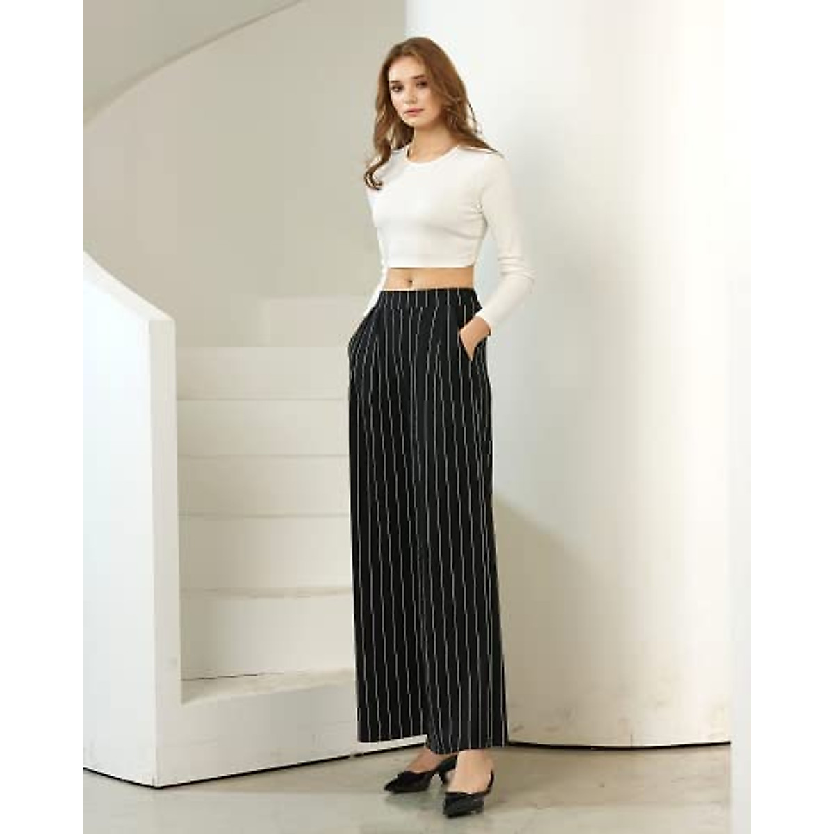 noflik Women's Business Casual High Waisted Wide Leg Palazzo Work Pants with Pockets (Black Stripe, M)