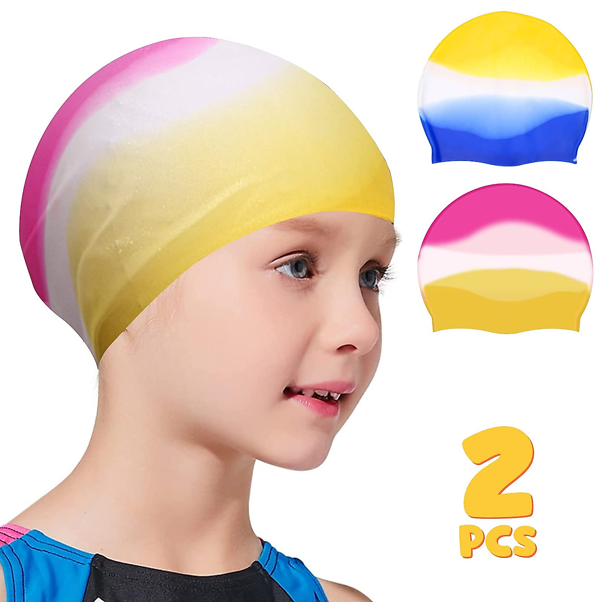 Swim Cap, 2 Pack Durable Silicone Swimming Caps for Kids Girls Boys Youths (Age 4-25), Waterproof Kids Swim Caps, Comfortable Fit for Long Hair and Short Hair Adults Youth Universal Swimming Caps