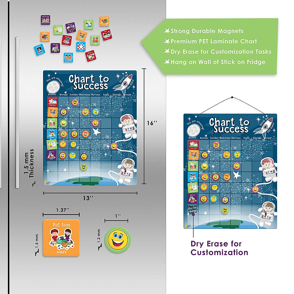 Chart to Success| Magnetic Dry Erase| Daily Routine Responsibility Chore Chart for Kids| 80 Emojis| 70 Tasks, Including Behavior and Self-Care| Fun Design for Both Boys and Girls| Raising a Star