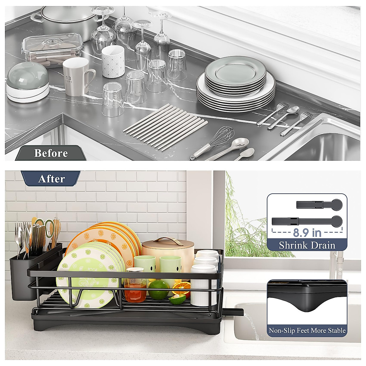 Dish Drying Rack - Stainless Steel Dish Rack for Kitchen Counter, Large-Capacity Dish Drainer with Cutlery Holder, Kitchen Organizer for Dishes, Spoons and Forks, Black