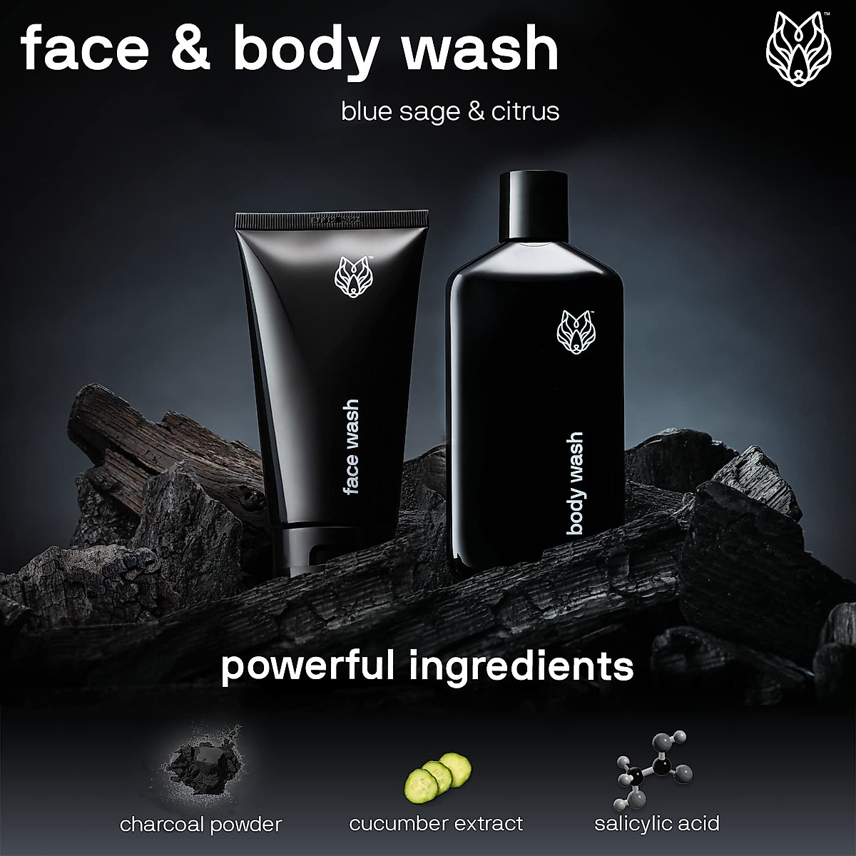 Black Wolf Charcoal Powder Face and Body Wash Bundle for Oily Skin, Deep Clean- 2pc Bundle- Charcoal Powder and Salicylic Acid Reduce Acne Breakouts and Cleanse Your Skin- Gift Set for Men