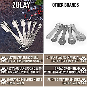Zulay Measuring Spoons Set - 6 Piece Stainless Steel Measuring Spoons - Easy to Read, Etched Markings & Slim Design for Narrow Spice Jars - Heavy Duty Tablespoon Measure Spoon with Removable Clasp
