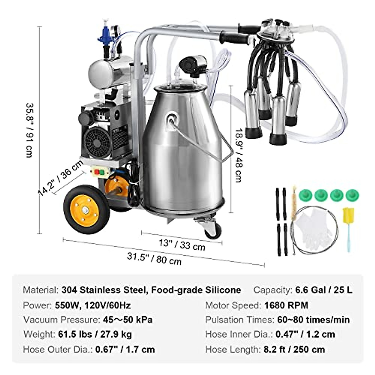 VEVOR Electric Cow Milking Machine, 6.6 Gal / 25 L 304 Stainless Steel Bucket, Automatic Pulsation Vacuum Milker, Portable Milker with Food-Grade Silicone Cups and Tubes, Adjustable Pressure