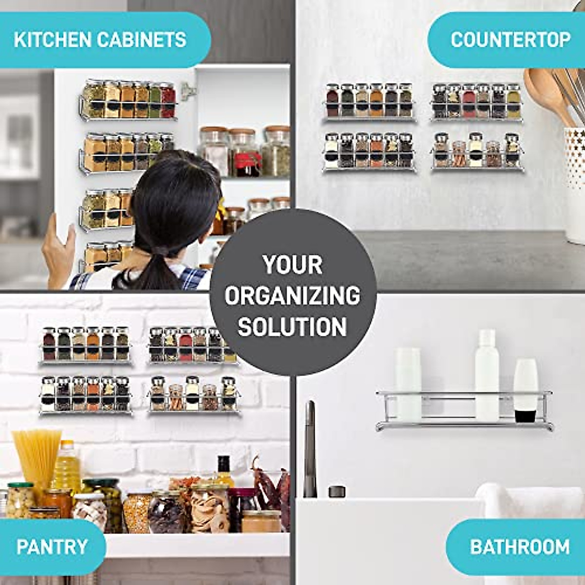 Ultimate Hostess Spice Rack Wall Mount - Spice Organizer for Cabinet, Pantry, and Tiny Kitchen - Space-Saving Hanging Spice Rack - Wall Spice Rack - Screw or Adhesive Spice Rack, 4-Tier, Fit 24 Jars