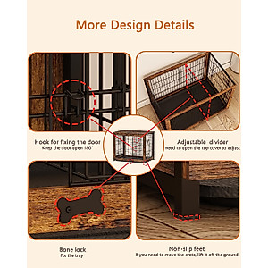 Piskyet Wooden Dog Crate Furniture with Divider Panel, Dog Crate End Table with Fixable Slide Tray, Double Doors Dog Kennel Indoor for Dogs(XL:43.2" L * 28.6" W * 30.3" H,Rustic Style)