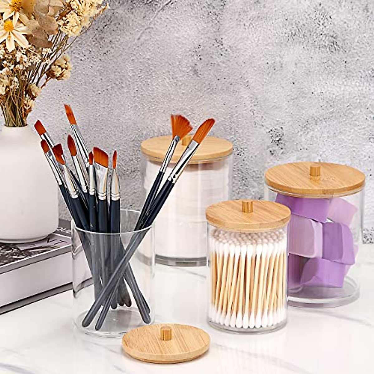 Hipiwe Acrylic Qtip Holder Dispenser with Lid 4-Pack Clear Apothecary Jars Vanity Makeup Organizer Bathroom Accessories Storage Canisters for Cotton Ball Swab Round Pads Floss