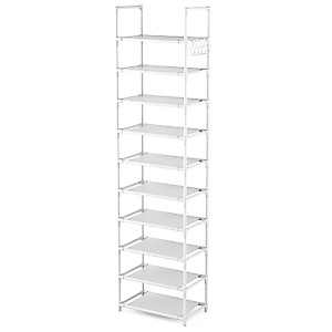 LANTEFUL 10 Tiers Tall Shoe Rack 20-25 Pairs Boots Organizer Storage Sturdy Narrow Shoe Shelf for Entryway, Closets with Hooks, White