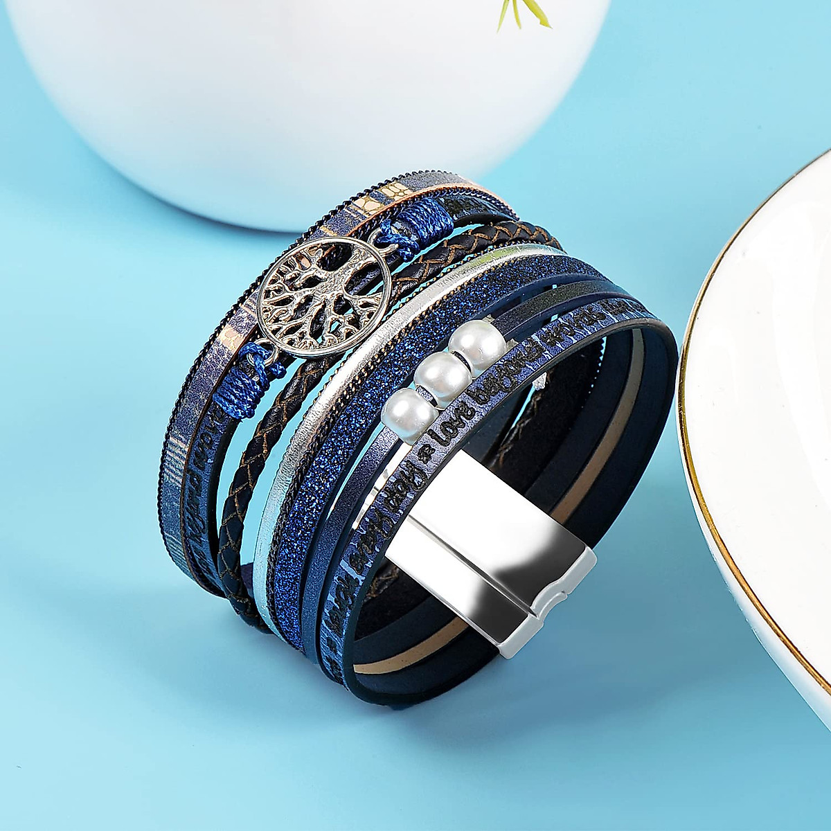 LightOnIt Leather Wrap Boho Bracelets for Women Blue Stone Crystal Braclet Birthday Gift Bohemian Trendy Layered Bracelet with Magnetic Clasp