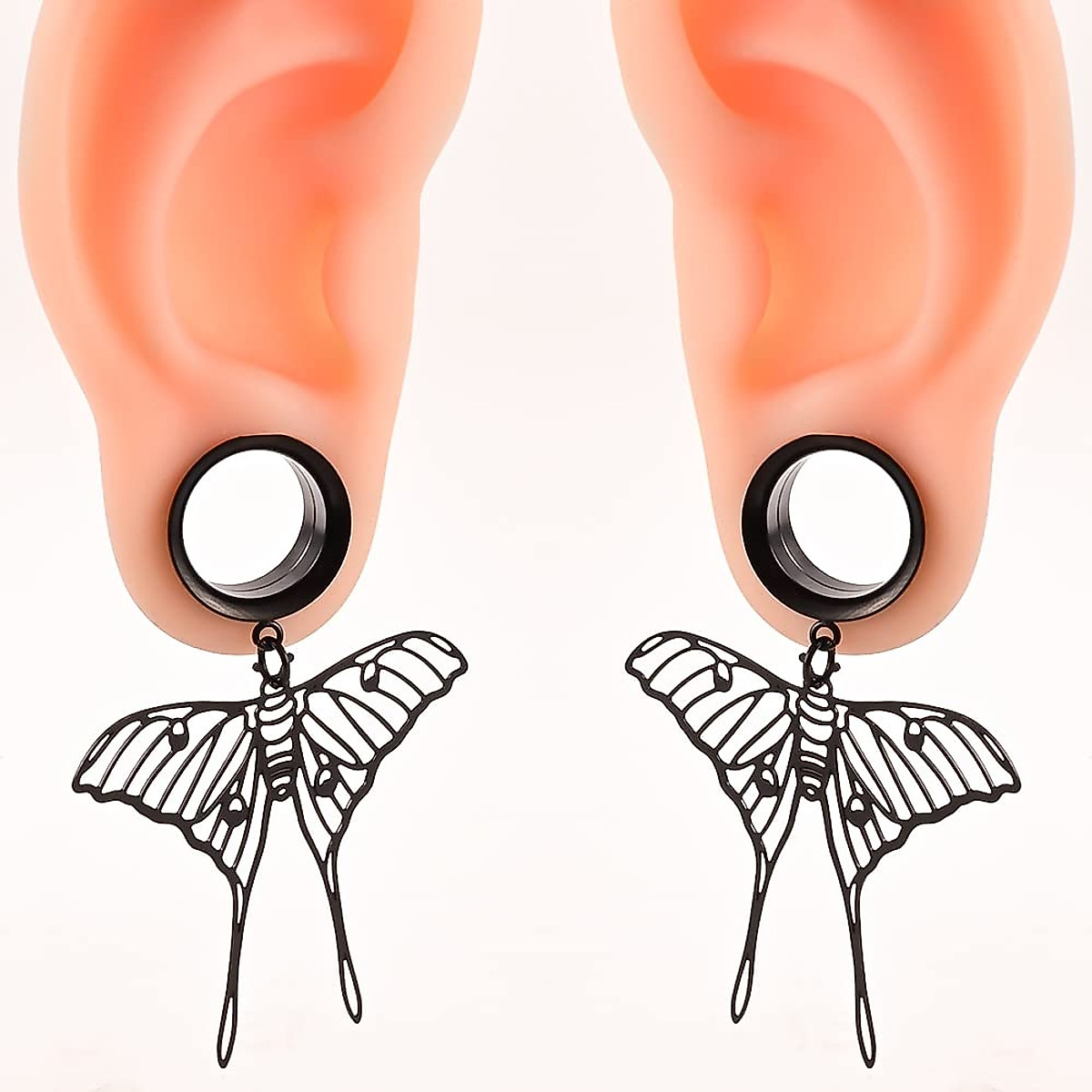 Atomhole 2PCS Butterfly Pendant Ear Plugs Tunnels Hypoallergenic Ear Gauges 316 Stainless Steel Ear Expander Stretcher Earrings Piercing Body Jewelry 2g-1" (6mm-25mm)