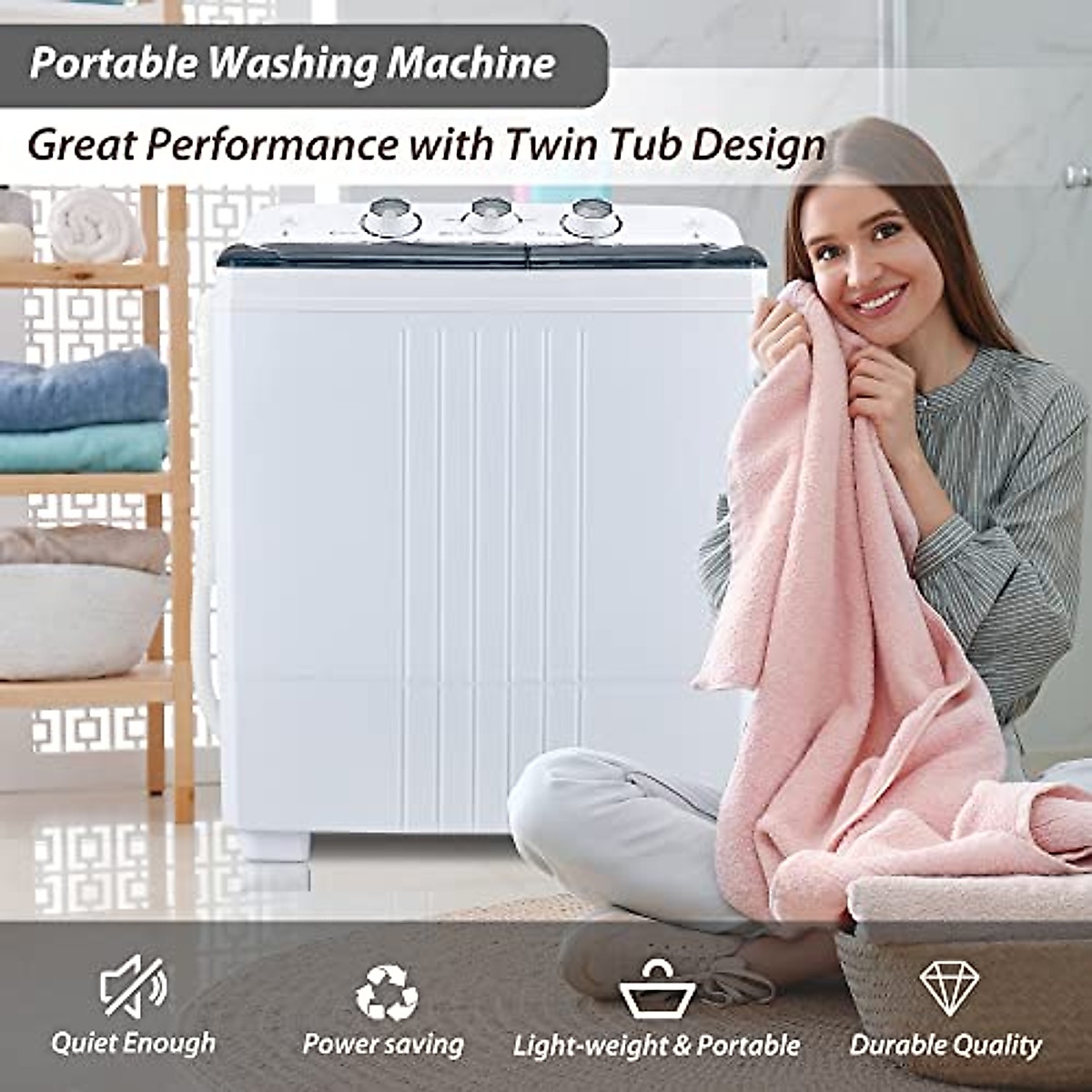 Homguava Portable Washing Machine 20Lbs Capacity Compact Washer and Dryer Combo Twin Tub Laundry Washer(12Lbs) & Spinner(8Lbs) with Built-in Gravity Drain Pump for Apartment,Dorms,RV Camping