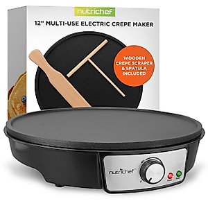 Electric Crepe Maker Pan & Griddle - 12 Inch Nonstick Cooktop - LED Indicators & Adjustable Temperature Control - Includes Spatula, Batter Spreader - Cooks Crepes, Roti & Pancakes