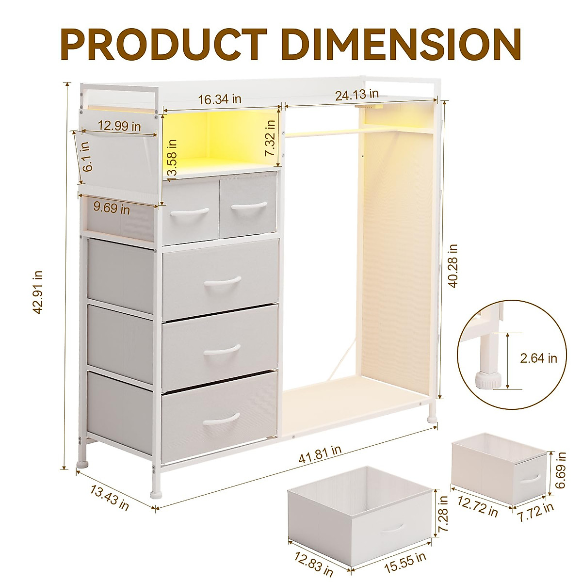 ARTETHYS Dresser for Bedroom with Hanging Rack 5 Drawer Dresser with LED Lights and Charging Station White Fabric Dresser Storage Chest of Drawers for Closet