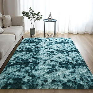 DweIke Fluffy Modern Area Rugs for Living Room Bedroom, 3x5 ft Plush High Pile Rug for Kids Girls Room Nursery Home Decor, Upgrade Non-Slip Girls Bedroom Soft Indoor Rug, Tie-Dyed Peacock Blue