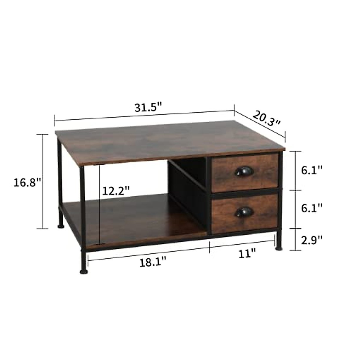 SENIG Coffee Table with Drawers, Coffee Table for Living Room, 2-Tier Coffee Tables with Storage Drawers，Brown Coffee Tables for Small Spaces, Rectangle Wood Ttable, Metal Side End Table