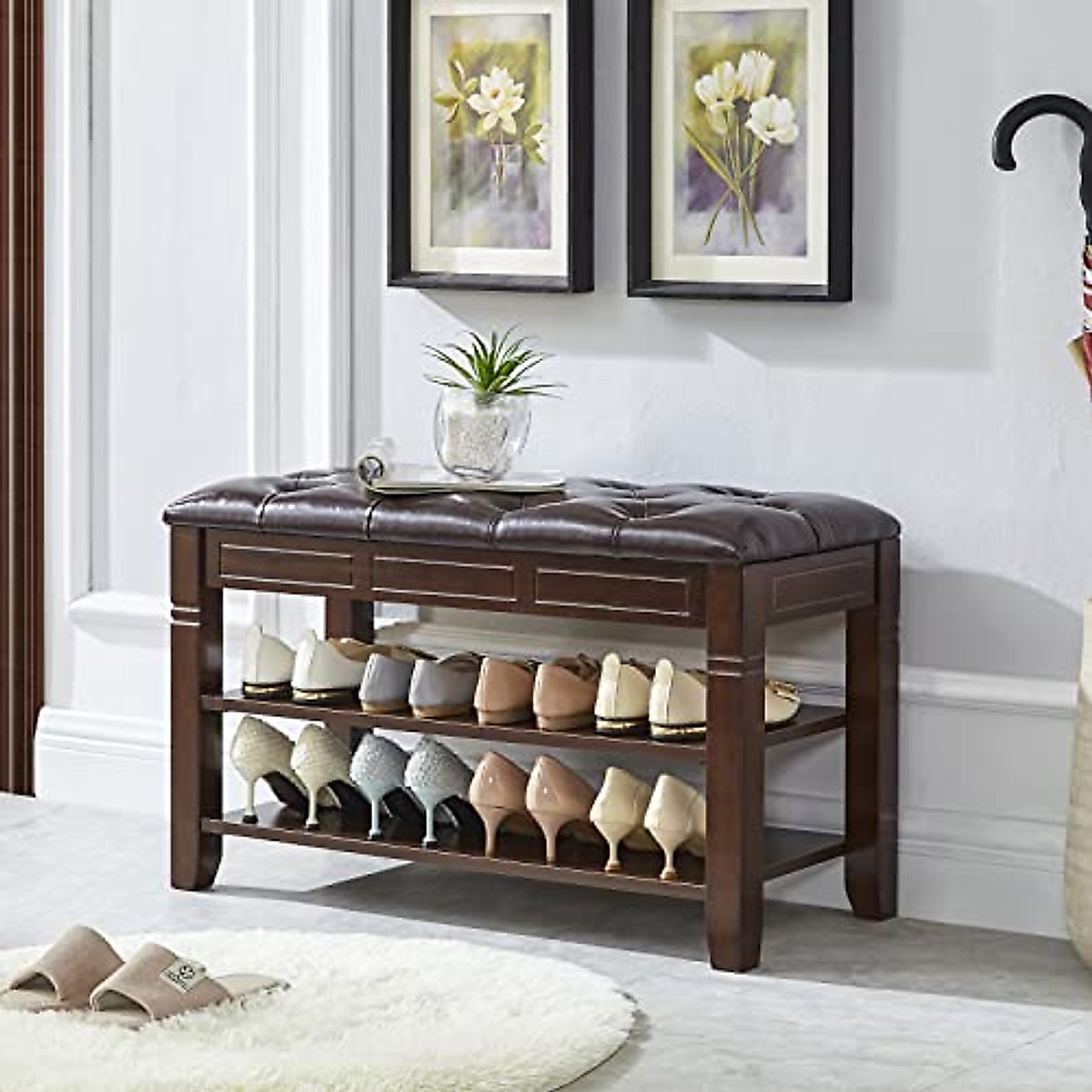 LEILISI Shoe Bench, Storage Rack Organizer with Cushion 2 Tier Lift Top Shoe Rack for Entryway Living Room Bedroom Hallway Wooden Furniture (Brown, 31.5'')