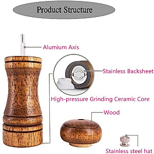 Solid wood oak grinder restaurant pepper manual grinding powder pepper ceramic adjustable coarse grinder (8inches) (8.66x2.16)