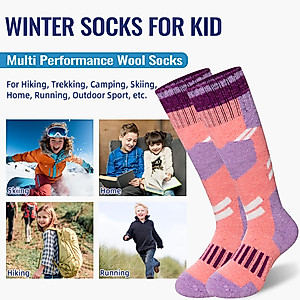 Kids Ski Socks Merino Wool Winter Warm Thermal Hiking Snowboarding Knee High Heavy Boot Socks for Toddler Boys Girls 2 Pairs(Pink/Purple, 8-12 Years)