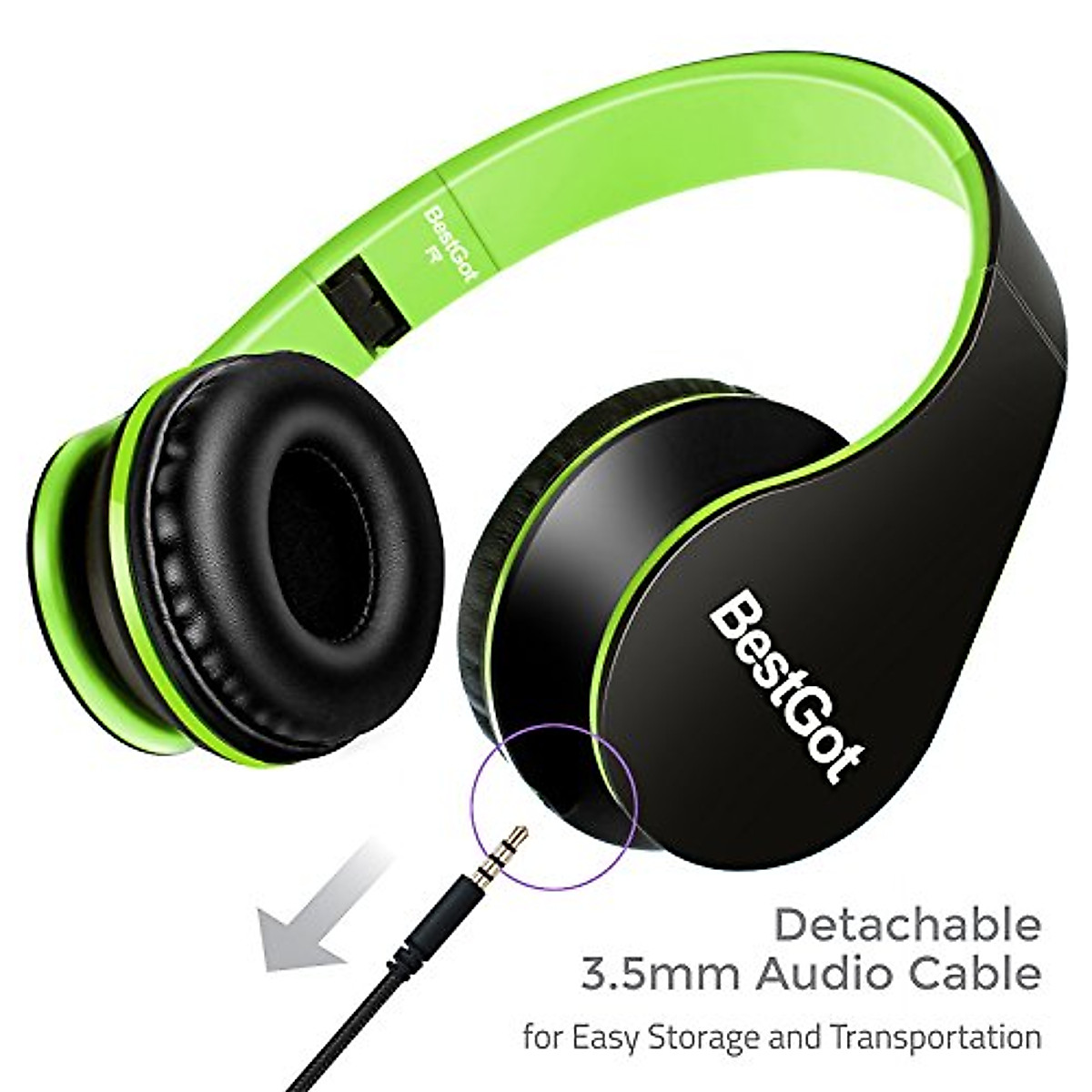 BESTGOT Kids Headphones BG6002 Children Headphones for Kids Boys Adult with Microphone Volume Control Foldable Headset with 3.5mm Plug Removable Cord (Black/Green)