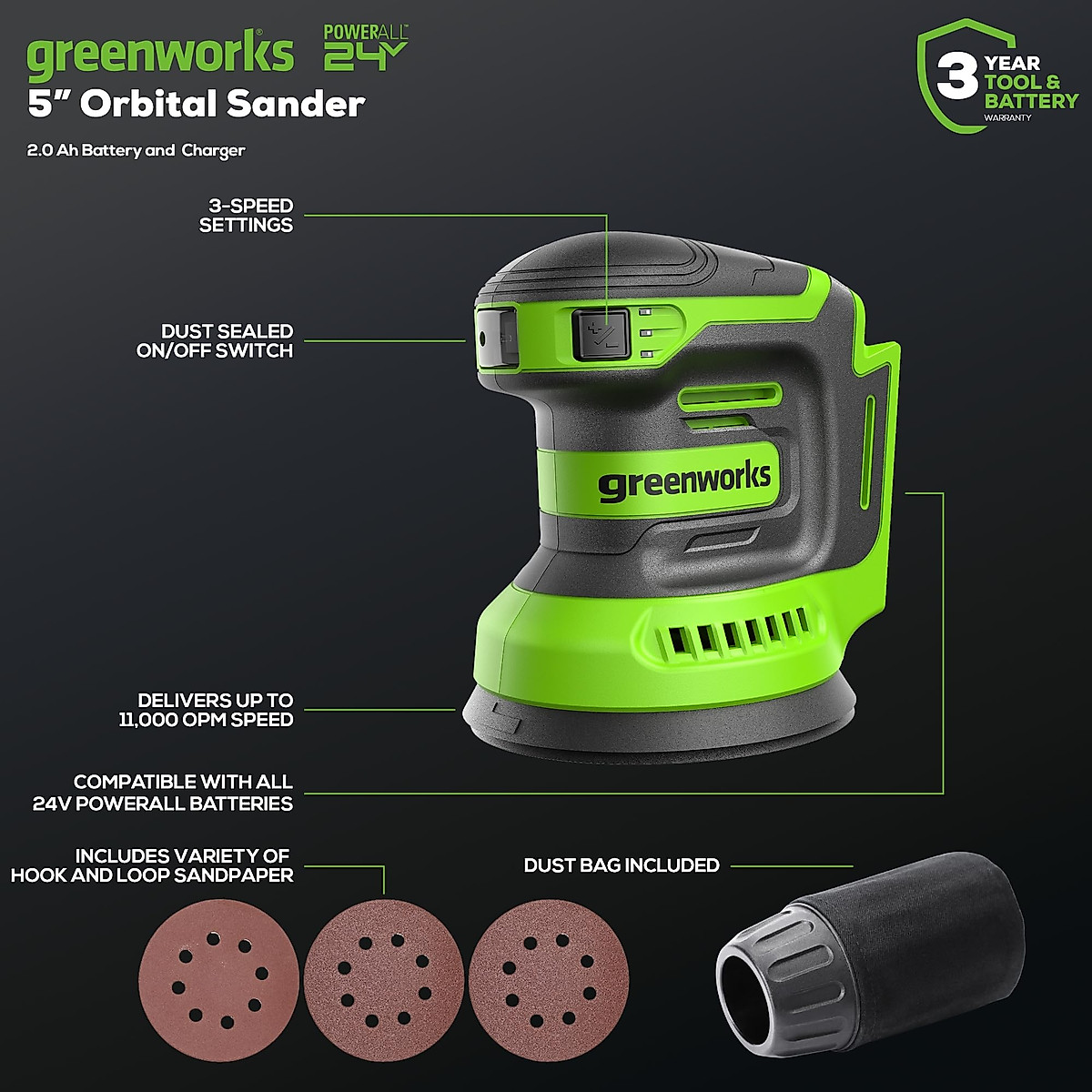 Greenworks 24V Cordless Orbital Sander, 5" Random Sanders Variable Speed, 11000 OPM, 3 Sandpaper Sheets, with 2Ah Battery and Charger