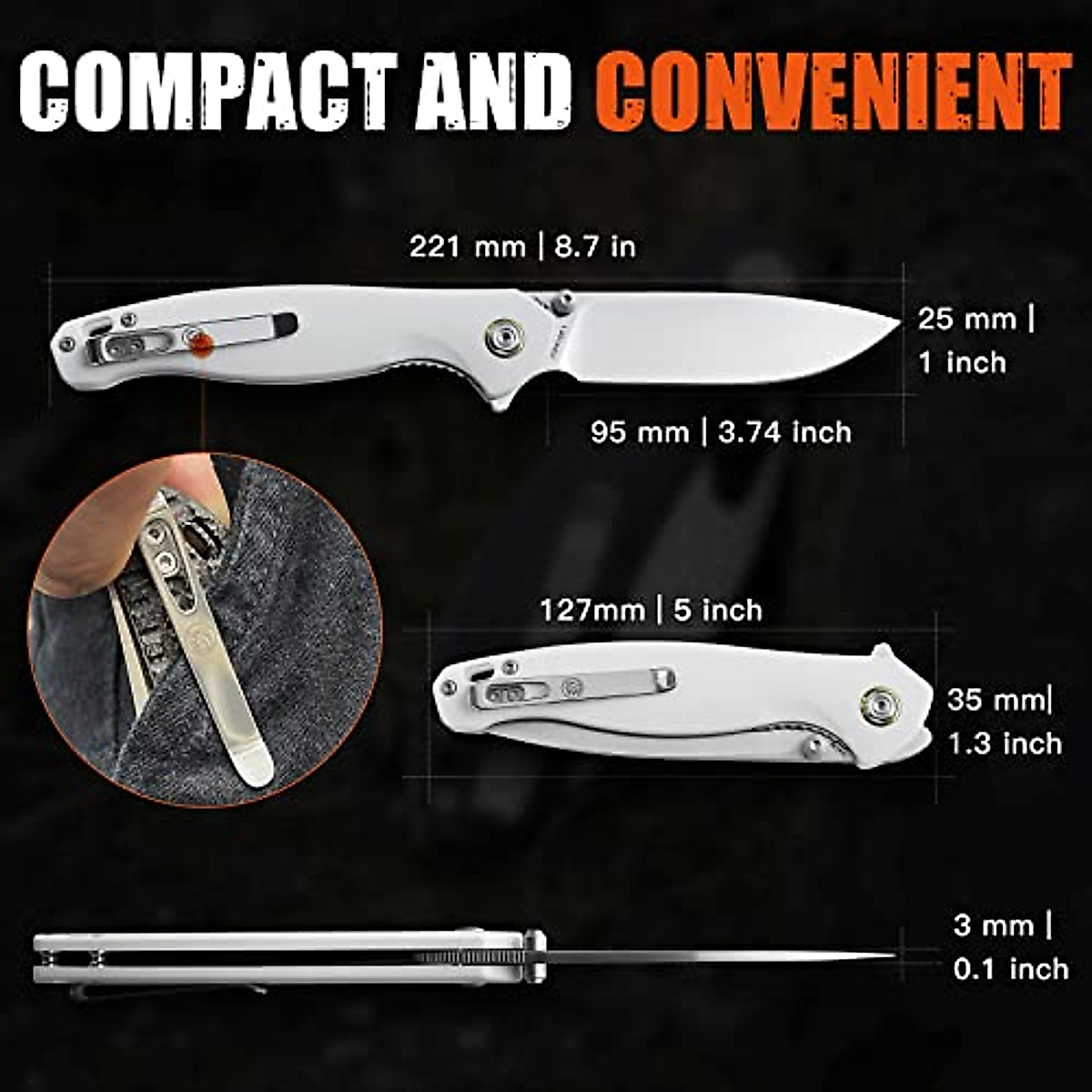 Vosteed Labrador Folding Knife Pocket Knife for Men with 3.74 inch 154CM Satin Blade, EDC Flipper Knife with White G10 Handle and Clip for Outdoor Camping