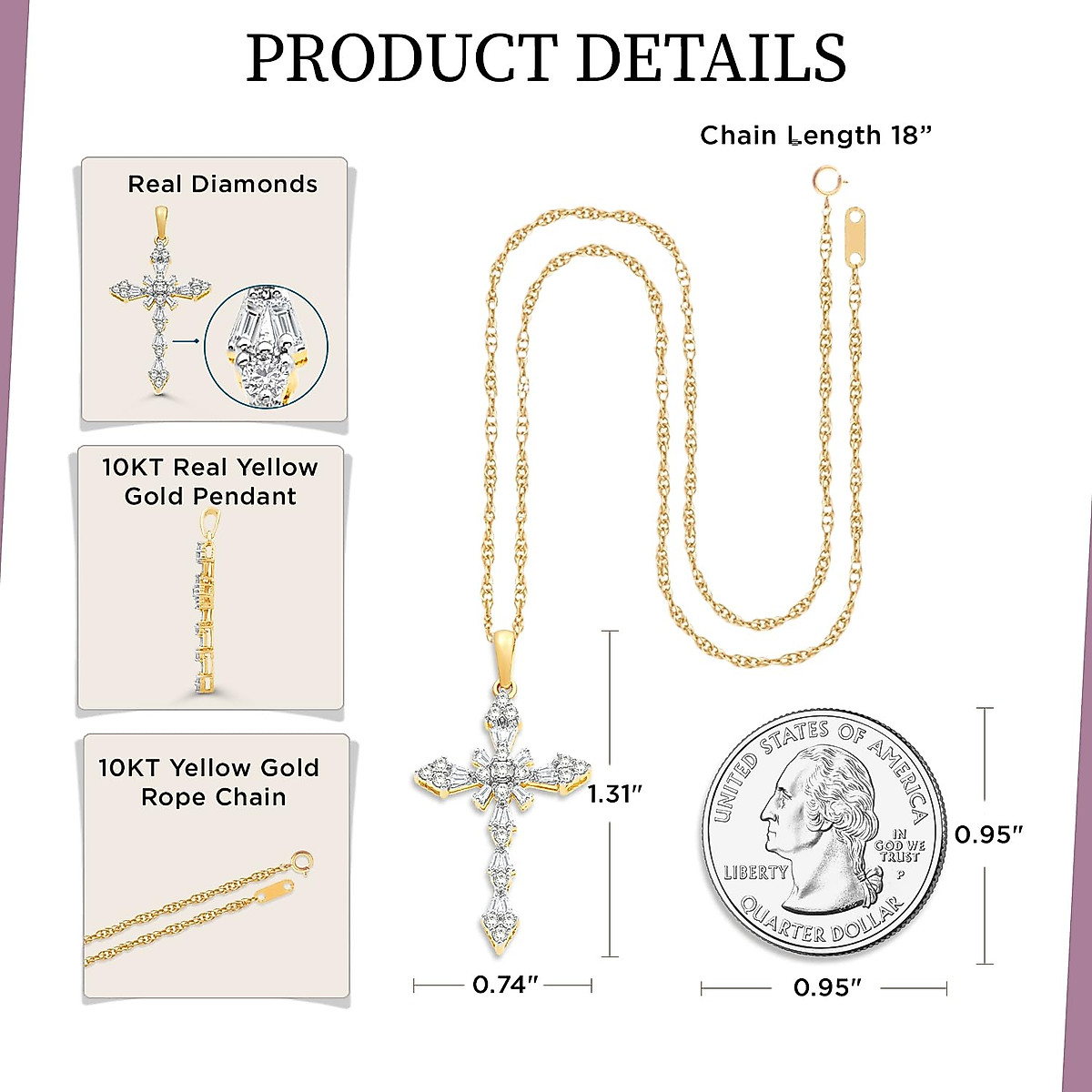 Jewelili Cross Pendant Necklace in 10K Yellow Gold with 1/2 Cttw Natural White round and baguette Diamonds 18" Rope Chain