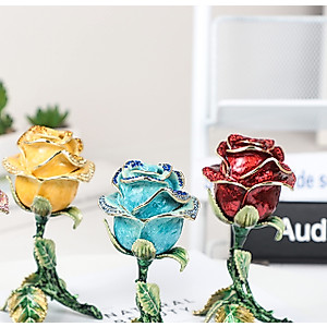 Wowagoga Mini Enamel Rose Hinged Trinket Box Rose Ring Box Small Bling Treasure Box Red Jewelry Box for Proposal Gift Home Décor, Rose Series,Blue